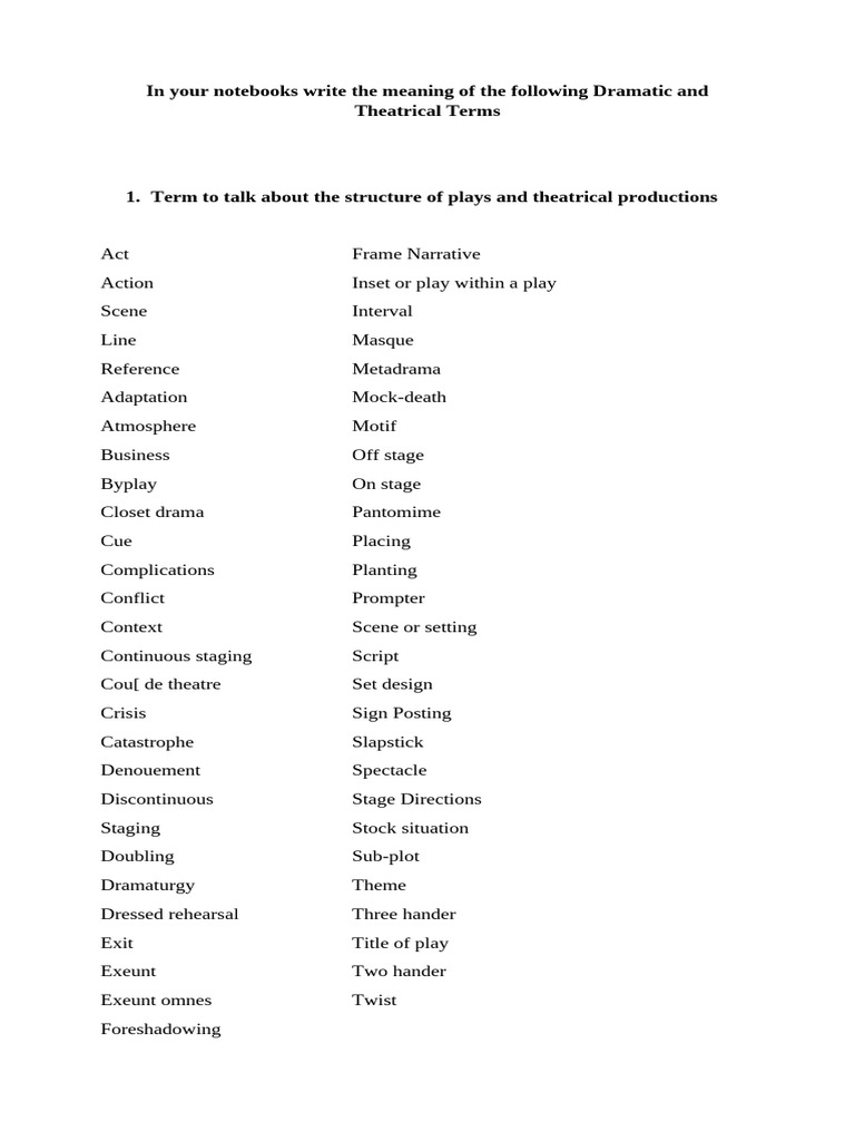 In Your Notebooks Write The Meaning of The Following Dramatic and ...