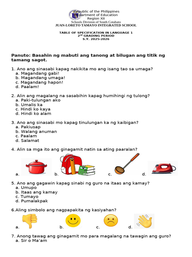 GRADE 1 MATATAG LANGUAGE With TOS | PDF