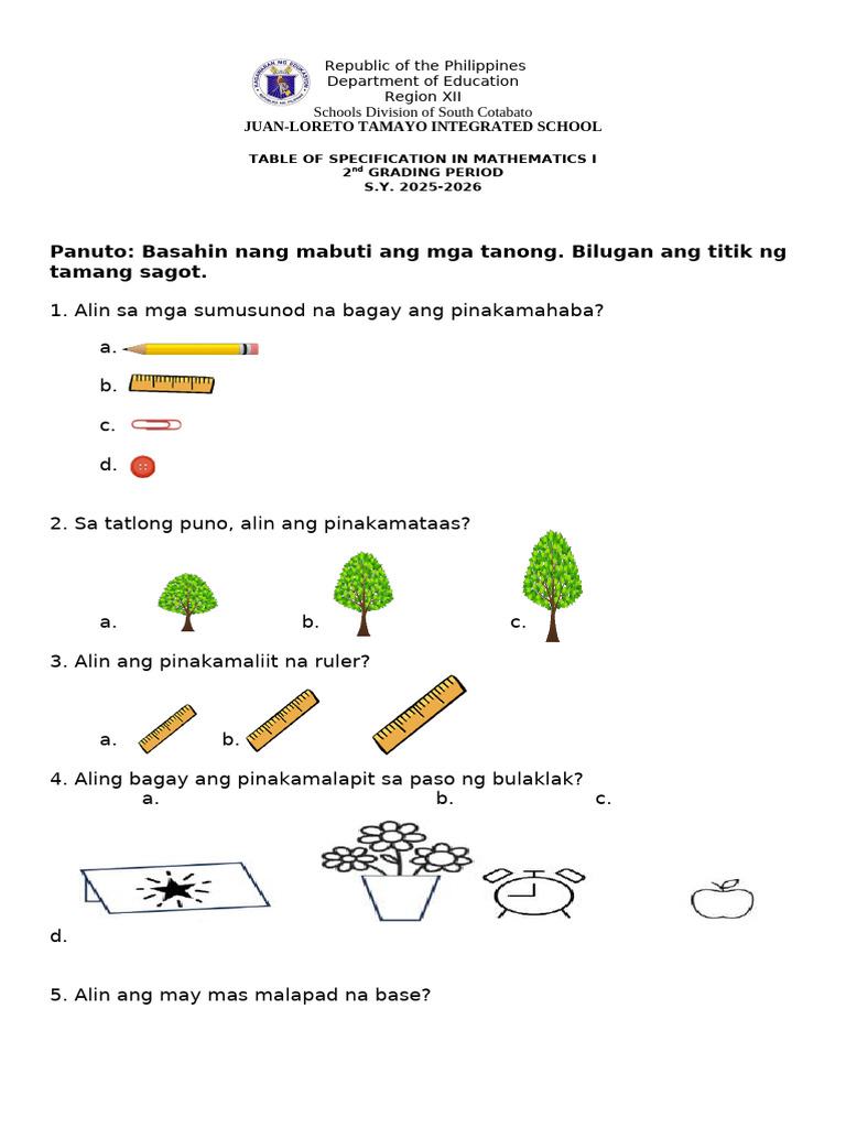 GRADE 1 MATATAG MATH With TOS 2nd QUARTER EXAM | PDF