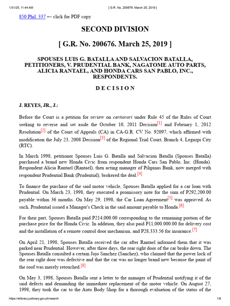 GR 200676 - Batalla Vs Prudential Bank | PDF | Implied Warranty | Loans