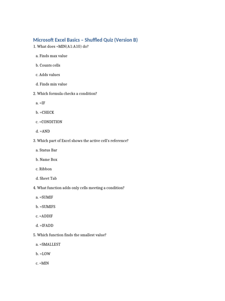 Excel Formula Basics Quiz | PDF | Microsoft Excel