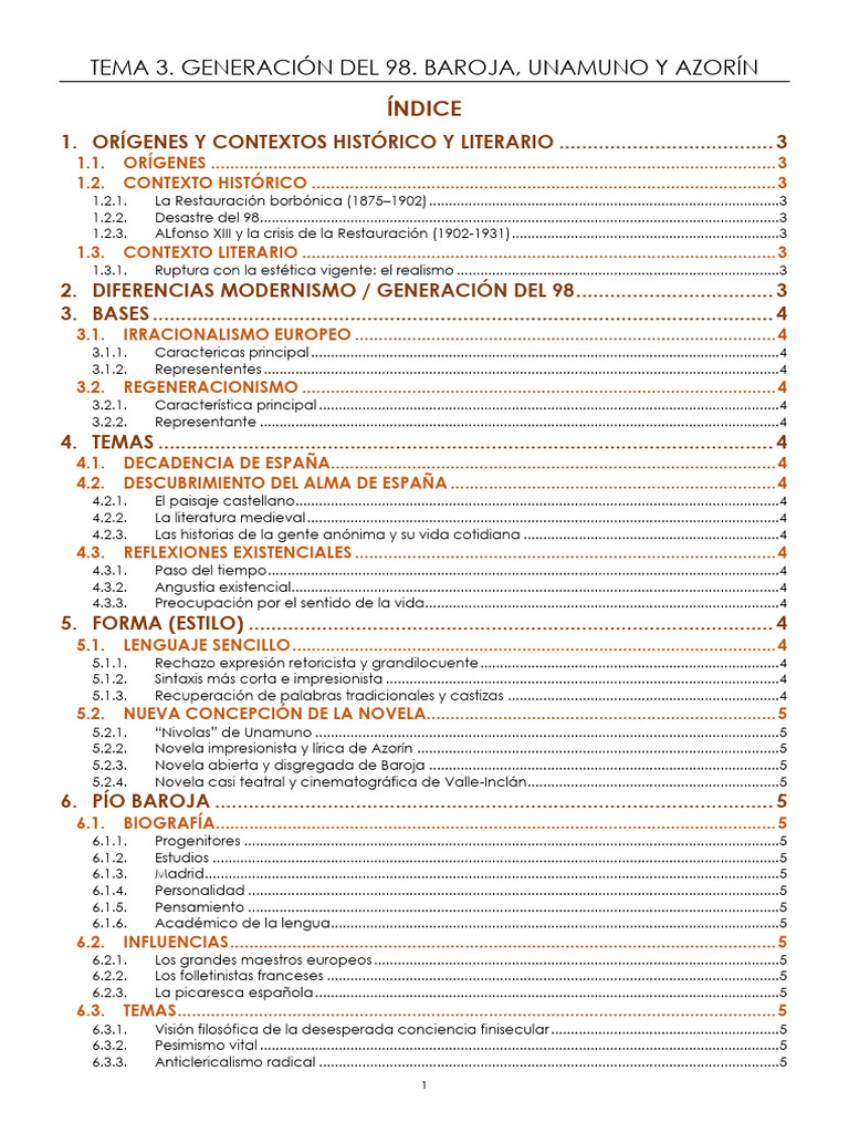 Generación del 98: Baroja, Unamuno y Azorín | PDF | Novelas