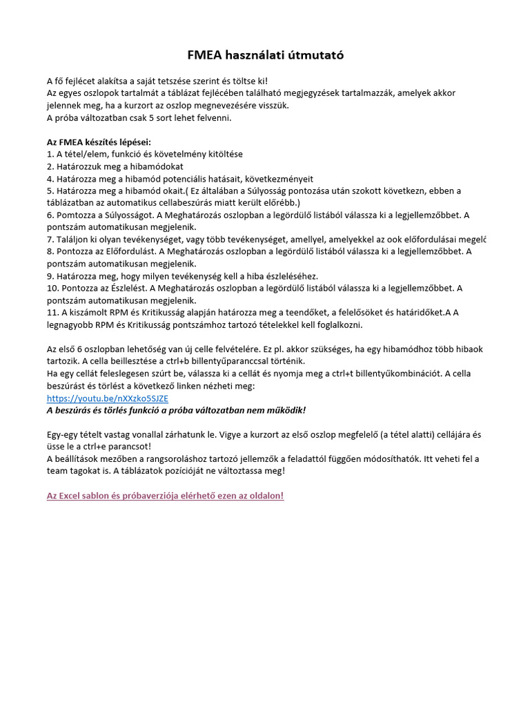 Használati Útmutató FMEA Excel Sablonhoz | PDF