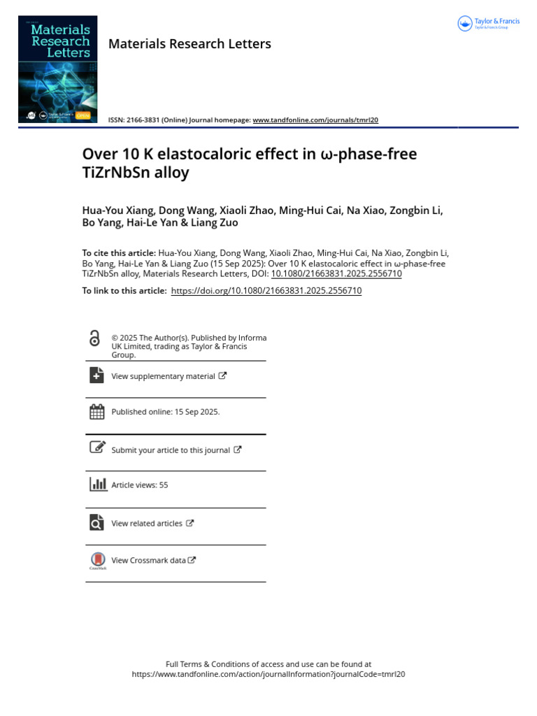 Over 10K Elastocaloric Effect in TiZrNbSn | PDF | Shape Memory Alloy ...