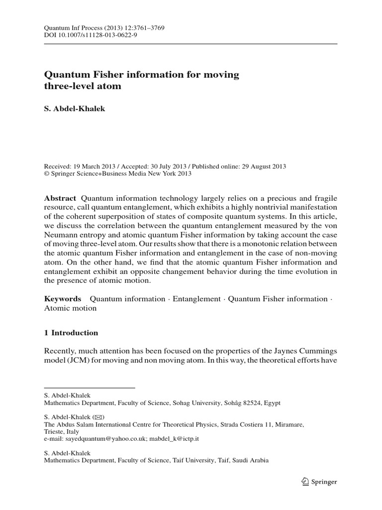 Quantum Fisher Information For Moving Three-Level Atoms - Jamal | PDF ...