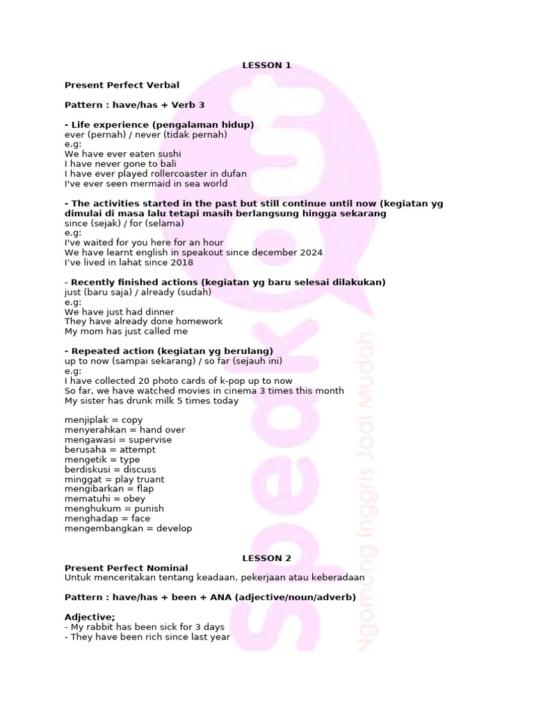 Lesson 1 & 2 Present Perfect Verbal & Nominal | PDF | Semantic Units ...