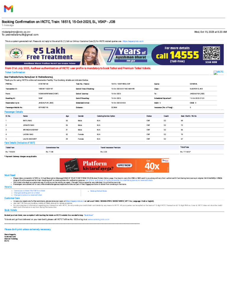 Gmail - Booking Confirmation On IRCTC, Train - 18515, 15-Oct-2025, SL, VSKP - JDB | PDF ...