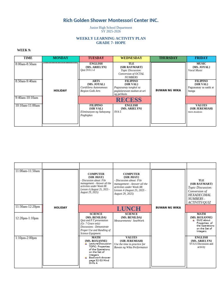 Grade 7 Weekly Learning Plan 2025-2026 | PDF | Arithmetic