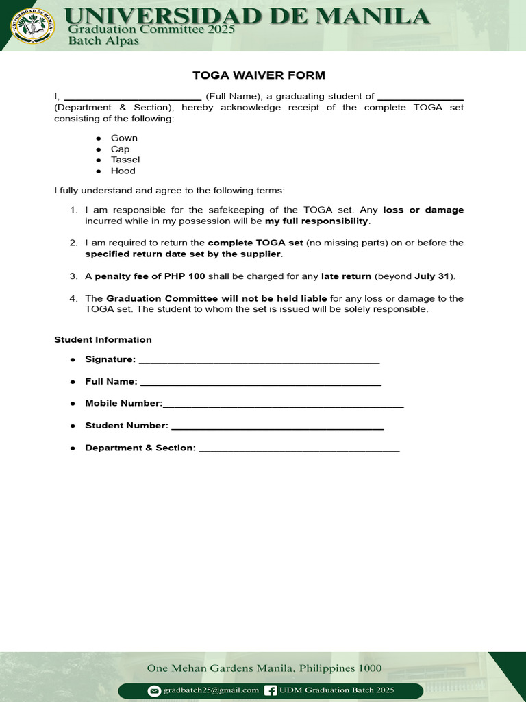 Toga Waiver Form - Docx 1 | PDF