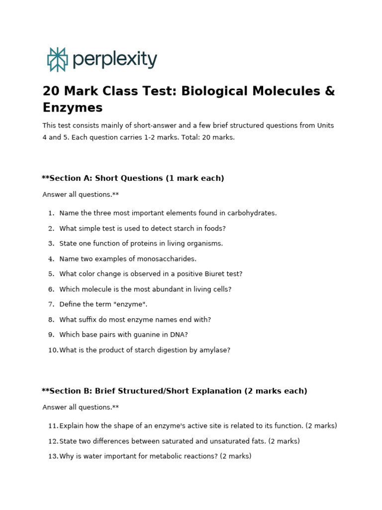 Biomolecules & Enzymes Test Review | PDF | Enzyme | Active Site