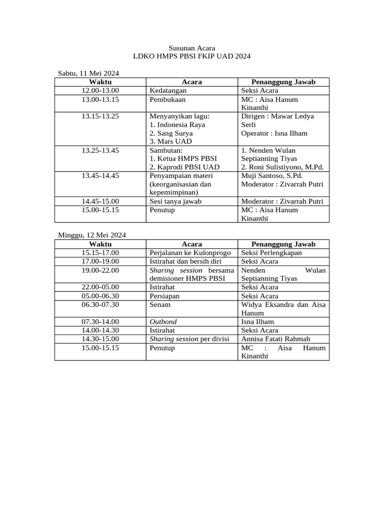 Susunan Acara LDKO HMPS PBSI UAD 2024 | PDF
