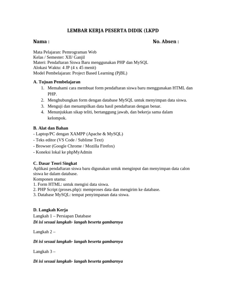LKPD Pendaftaran Siswa Baru PHP MySQL | PDF