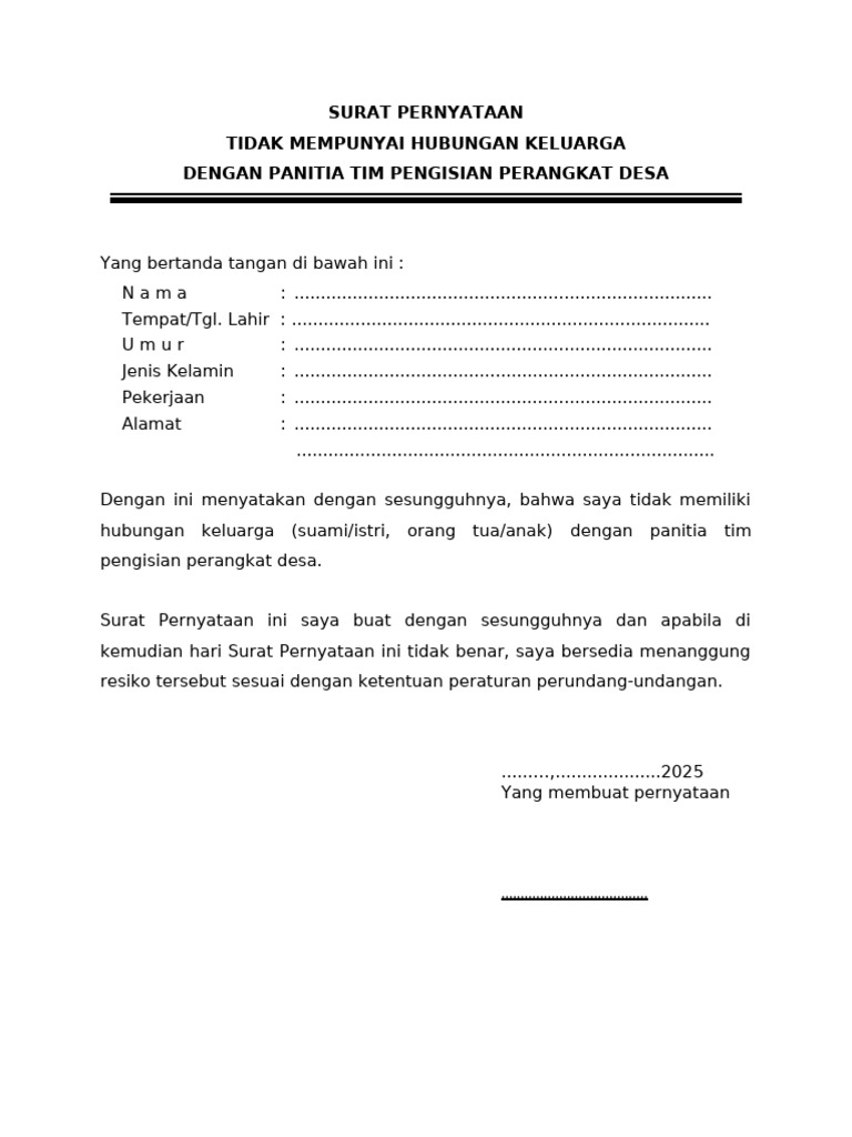 Surat Pernyataan Tidak Mempunyai Hubungan Keluarga Dengan Panitia Tim Pengisian Perangkat Desa | PDF