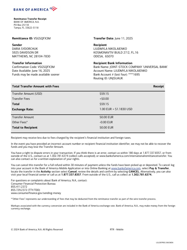 Bank of America Remittance Receipt | PDF | Banks | Receipt