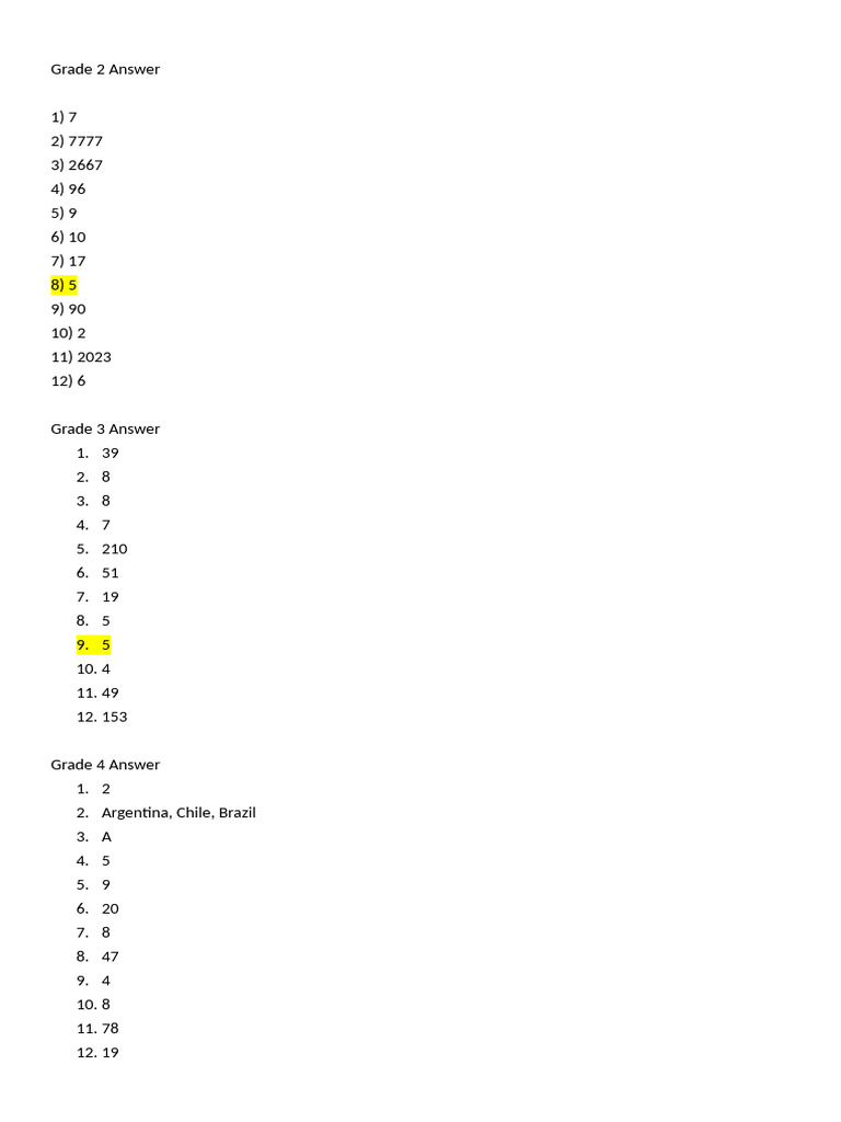 Grade 2-9 Math Answers Summary | PDF