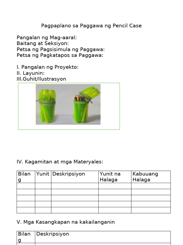 Pagpaplano Sa Paggawa NG Pencil Case | PDF