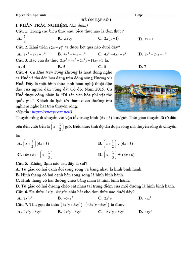 ĐỀ ÔN 1 - TOÁN 8 | PDF
