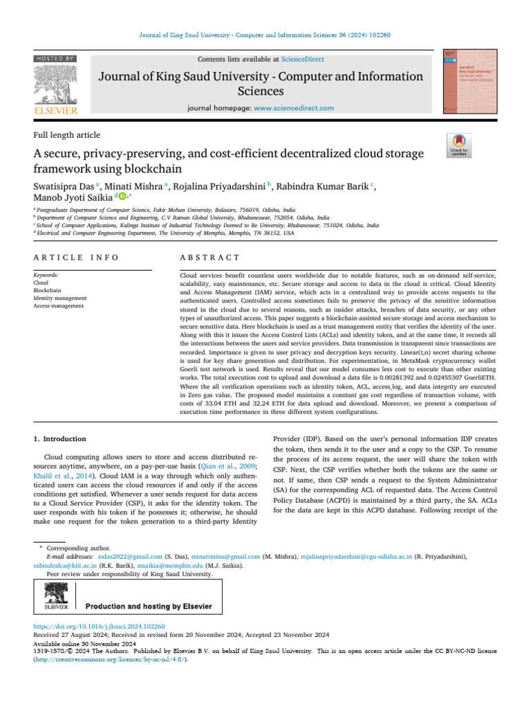 A Secure, Privacy-Preserving, and Cost-Efficient Decentralized Cloud Storage Framework Using ...