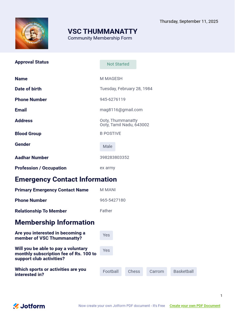 VSC Thummanatty: Community Membership Form | PDF