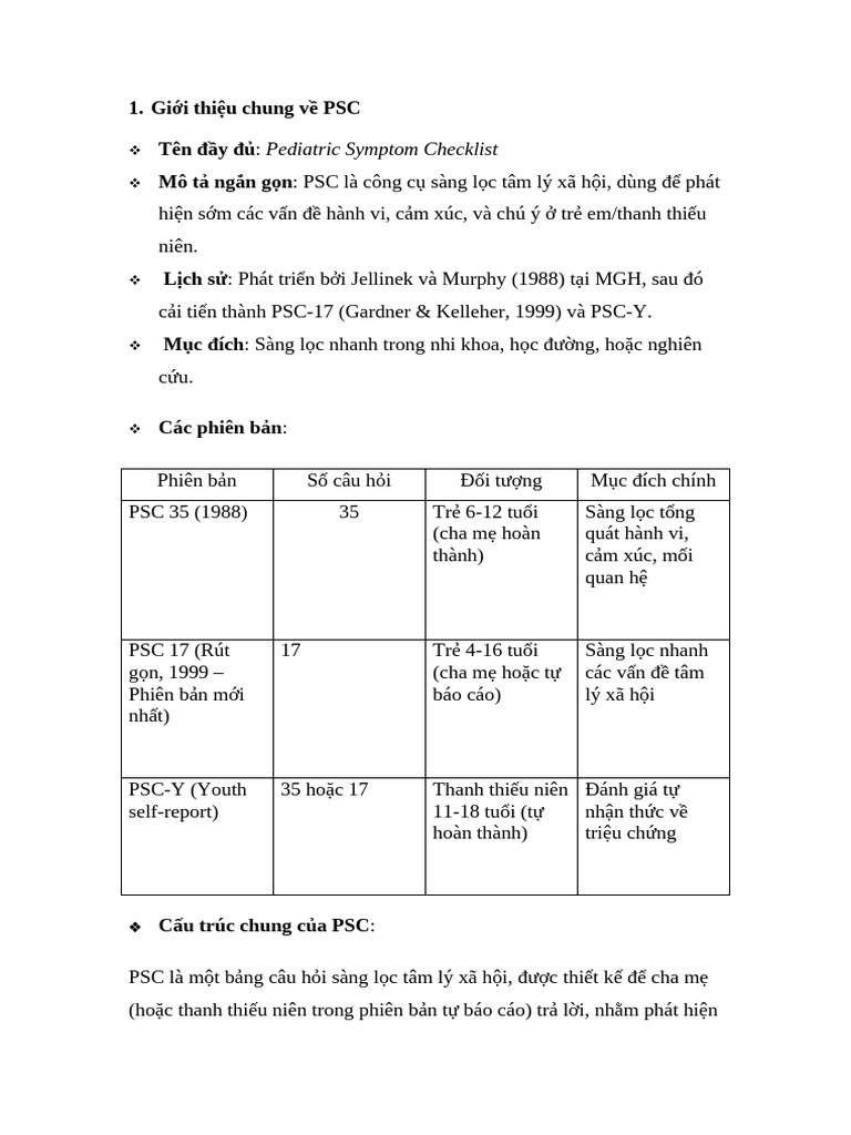 1. Giới thiệu chung về PSC Tên đầy đủ Mô tả ngắn gọn: Pediatric Symptom ...
