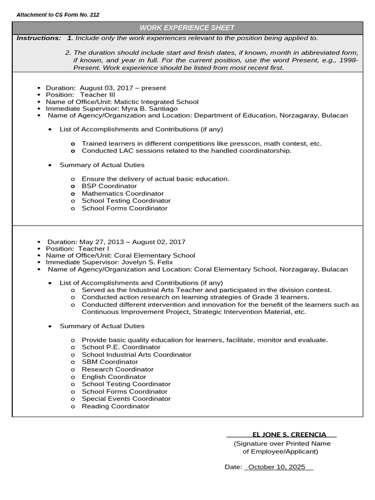CS Form No. 212 Attachment Work Experience Sheet Sample | PDF ...