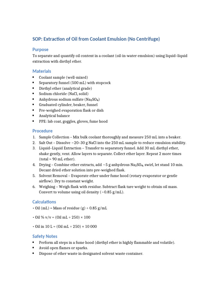 Oil Extraction from Coolant Emulsion | PDF | Chemical Substances ...