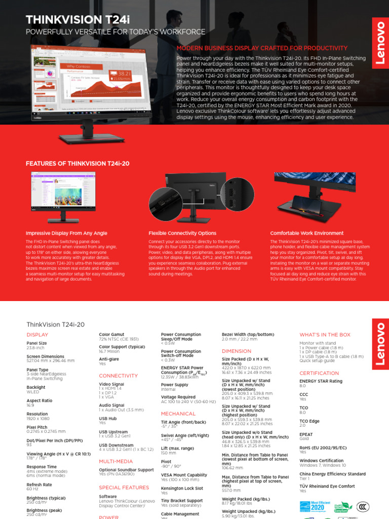 Lenovo ThinkVision T24i-20 Monitor Review | PDF | Computer Monitor ...