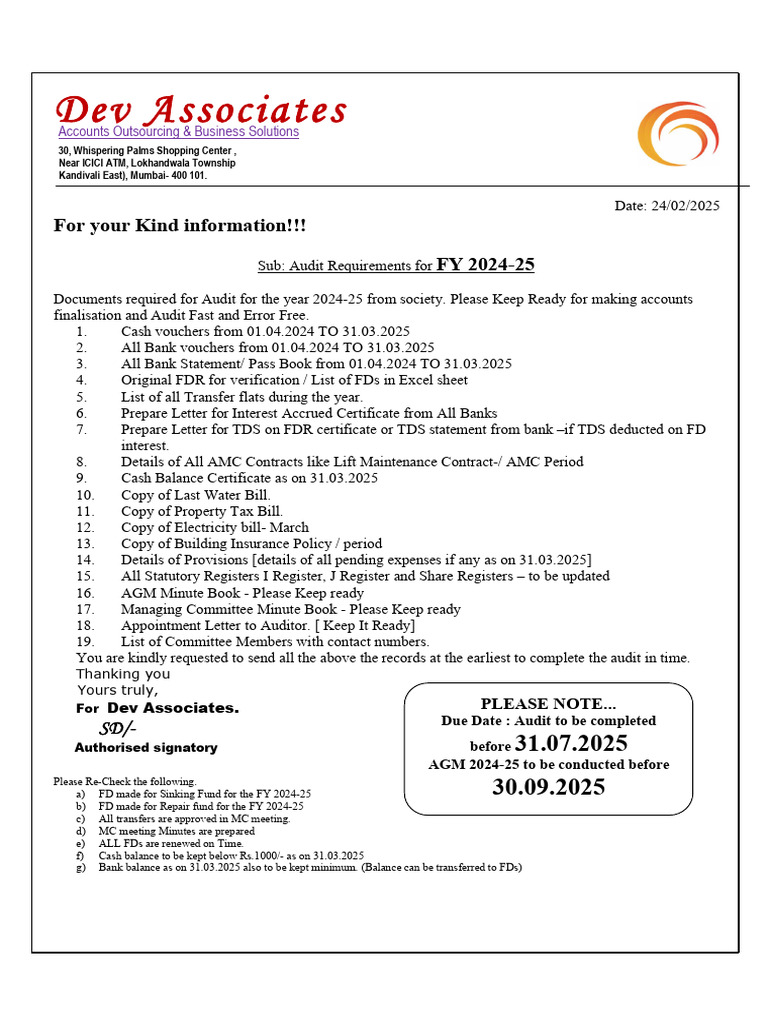 Documents Required For Audit 2025 | PDF | Audit | Financial Services