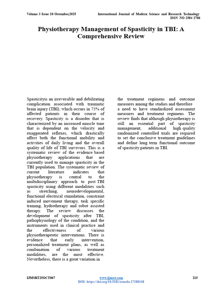 Physiotherapy Management of Spasticity in TBI a Comprehensive Review ...