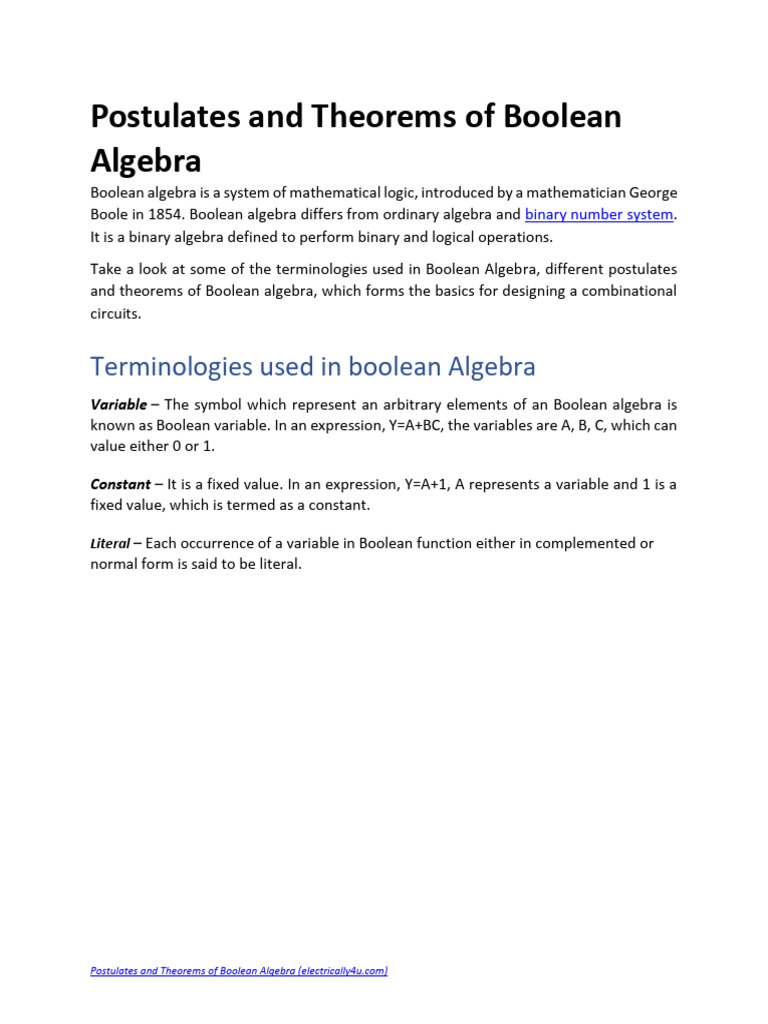 Postulates and Theorems of Boolean Algebra | PDF | Boolean Algebra ...