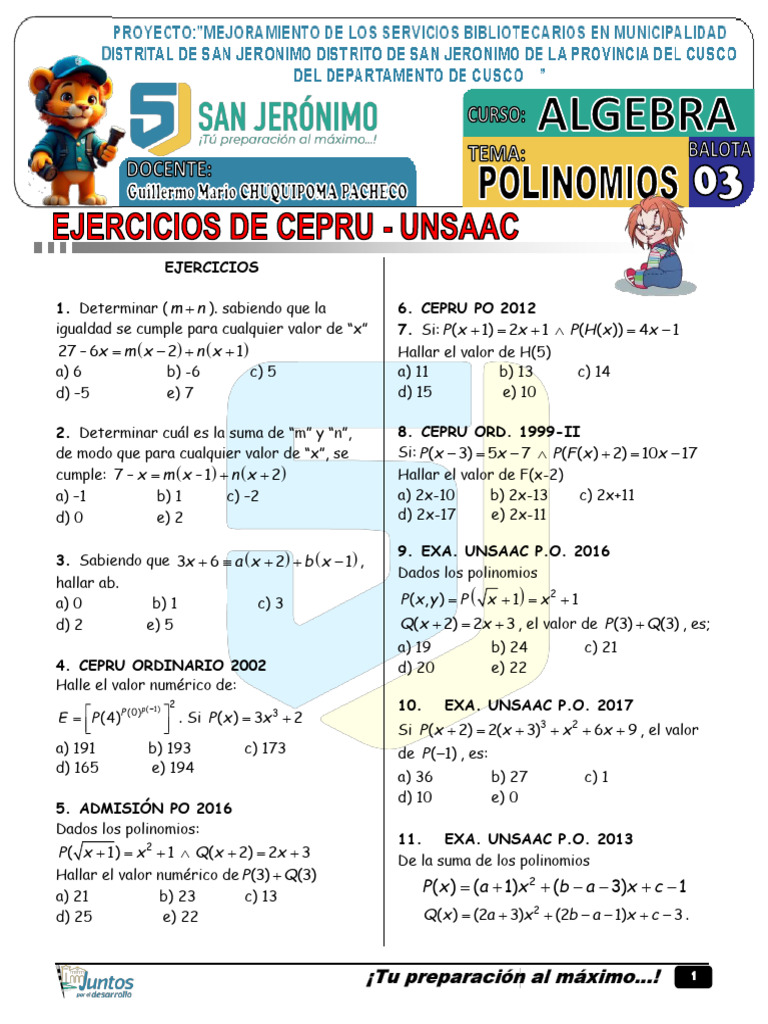 03 Algebra Ejercicios I Polinomios Unsaac | PDF | Algoritmos | Matemáticas De La Computación