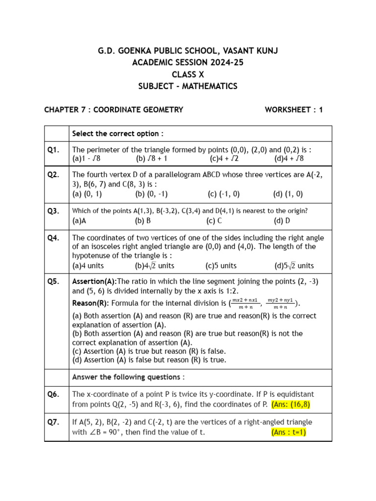 Class X Mathematics: Coordinate Geometry Worksheet | PDF | Triangle ...