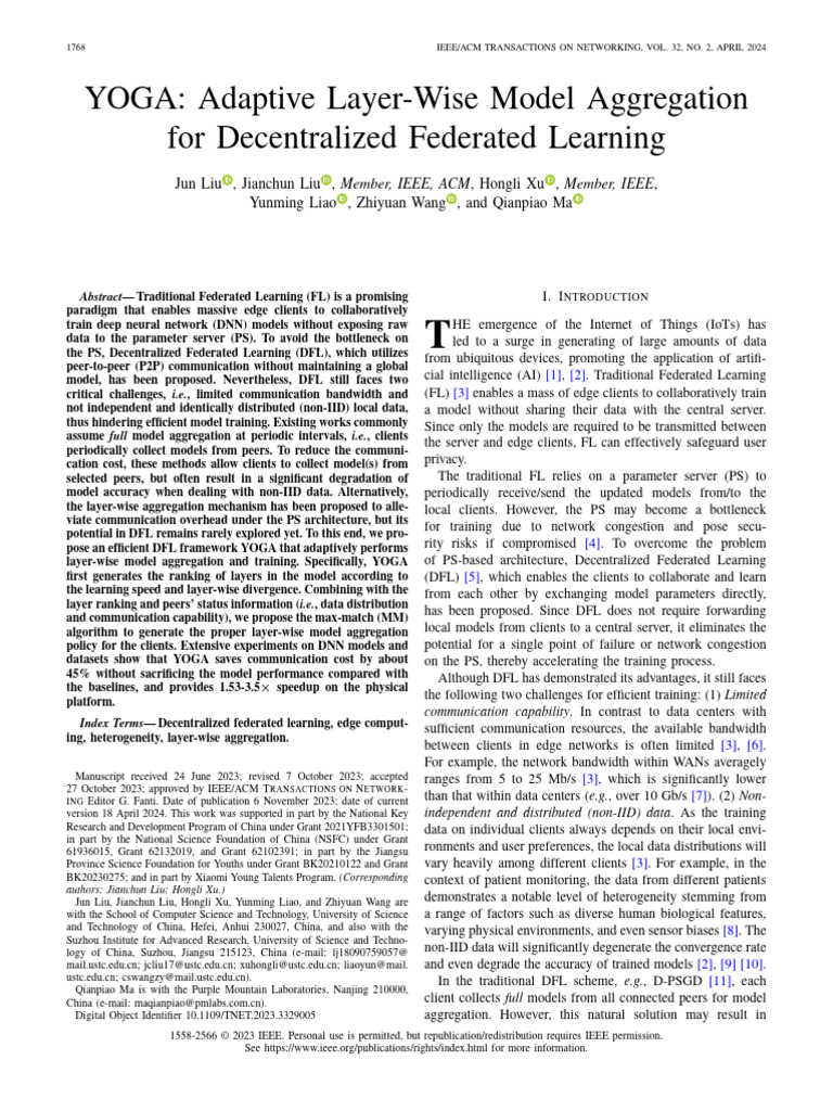 2024-YOGA Adaptive Layer-Wise Model Aggregation For Decentralized Federated Learning | PDF ...