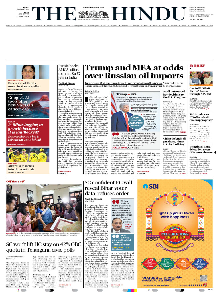 The HINDU HD Delhi Editable Full Edition 17 10 2025 | PDF | Narendra ...
