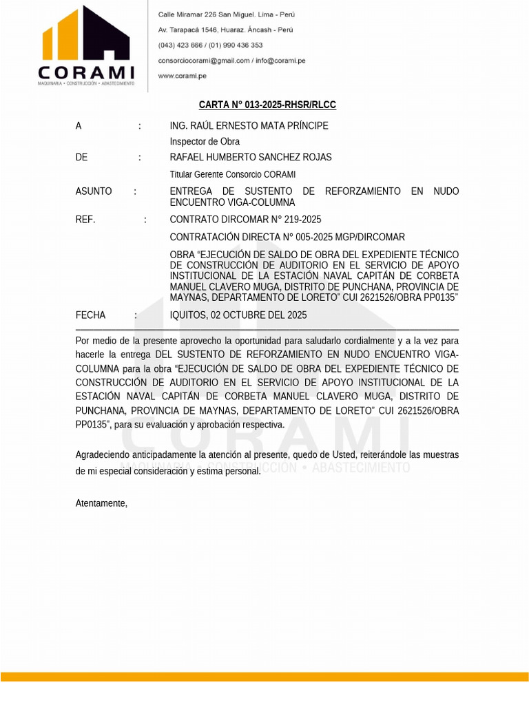 Carta #013-2025 CORAMI Sustento de Refuerson en Nudo Columna Viga | PDF