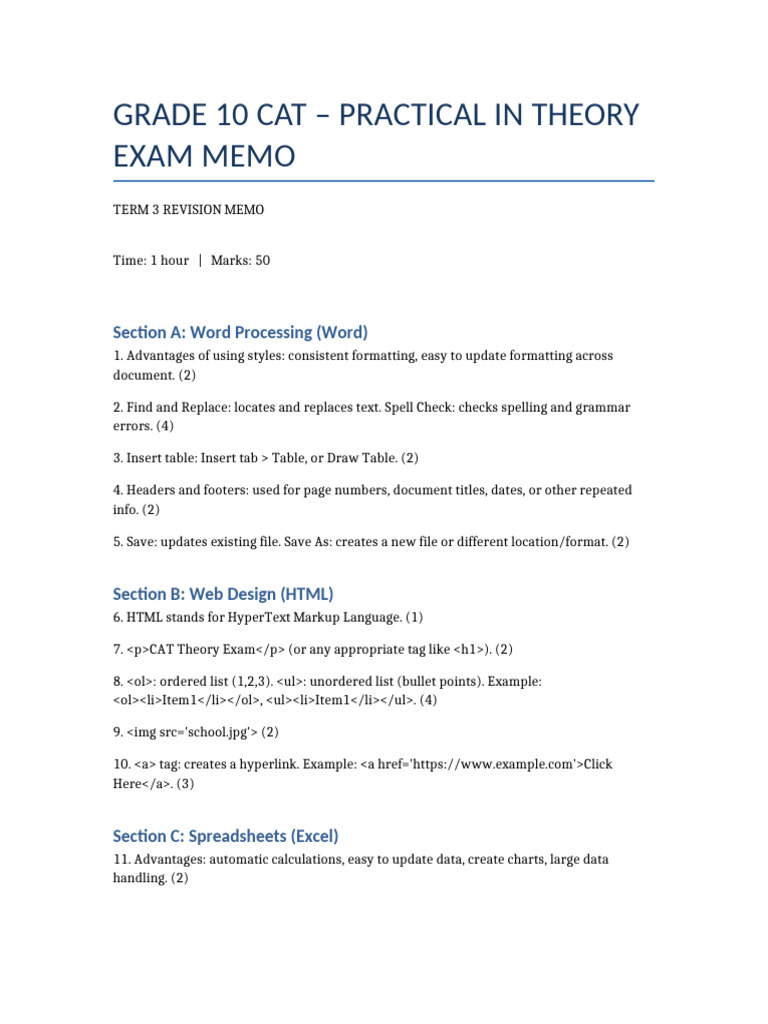 Grade 10 CAT Exam Revision Memo | PDF