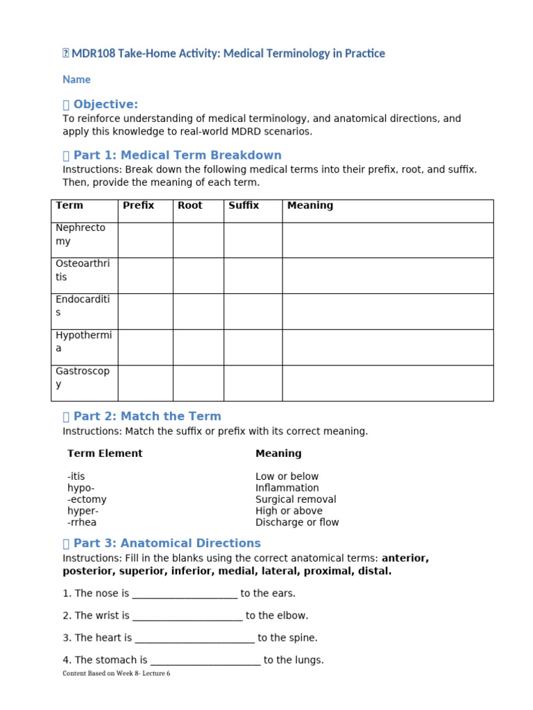 Take - Home - Activity - Week 8 Anatomical Terms and Terminology | PDF