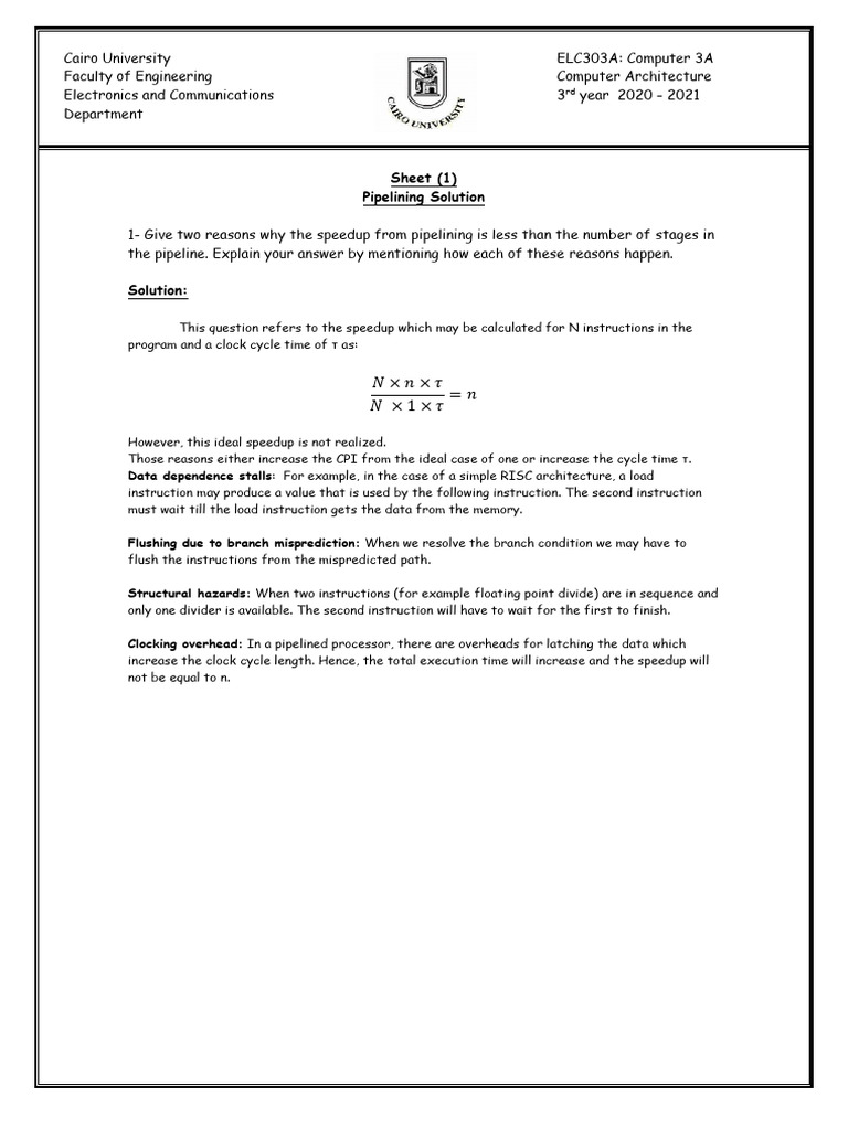 Sheet (1) - Pipelining - Solution | PDF | Computer Science | Computer Hardware