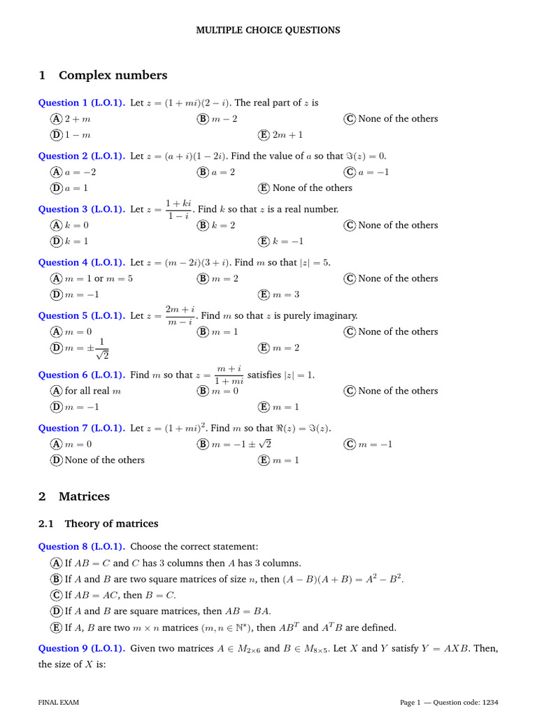Complex Numbers and Matrices Exam Questions | PDF | Abstract Algebra ...