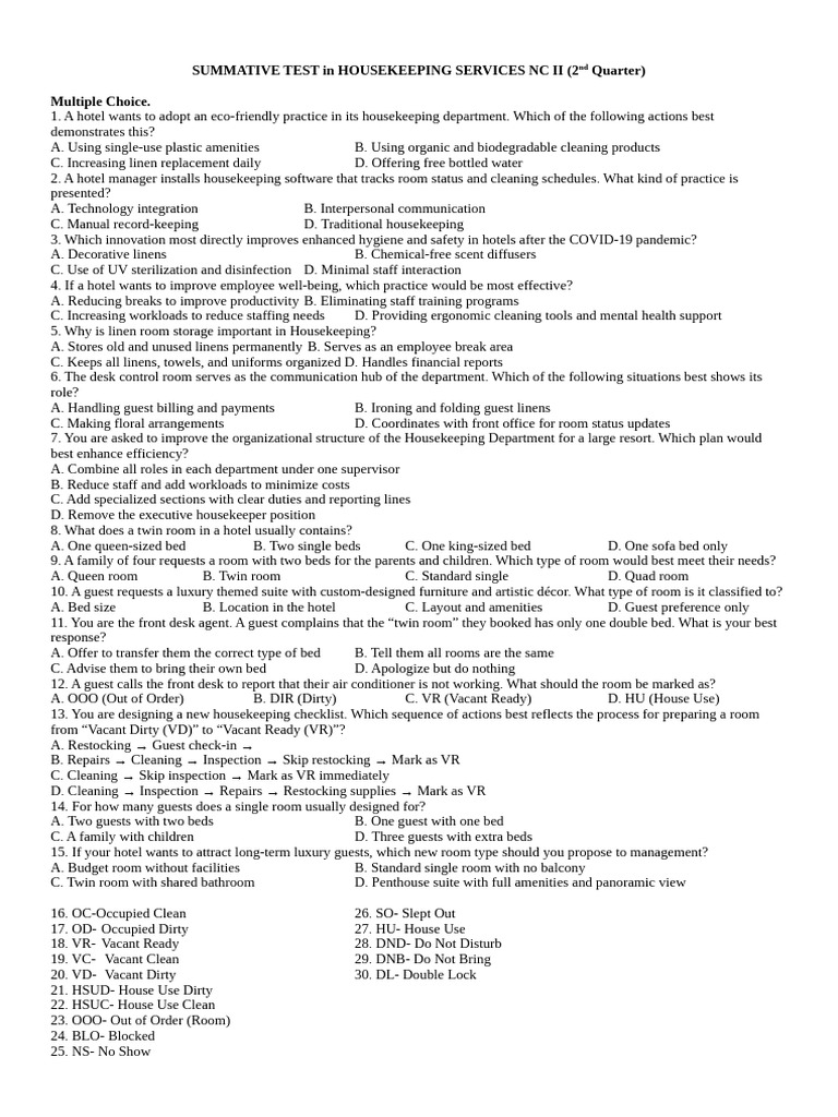 Housekeeping Services NC II Test Guide | PDF | Housekeeping