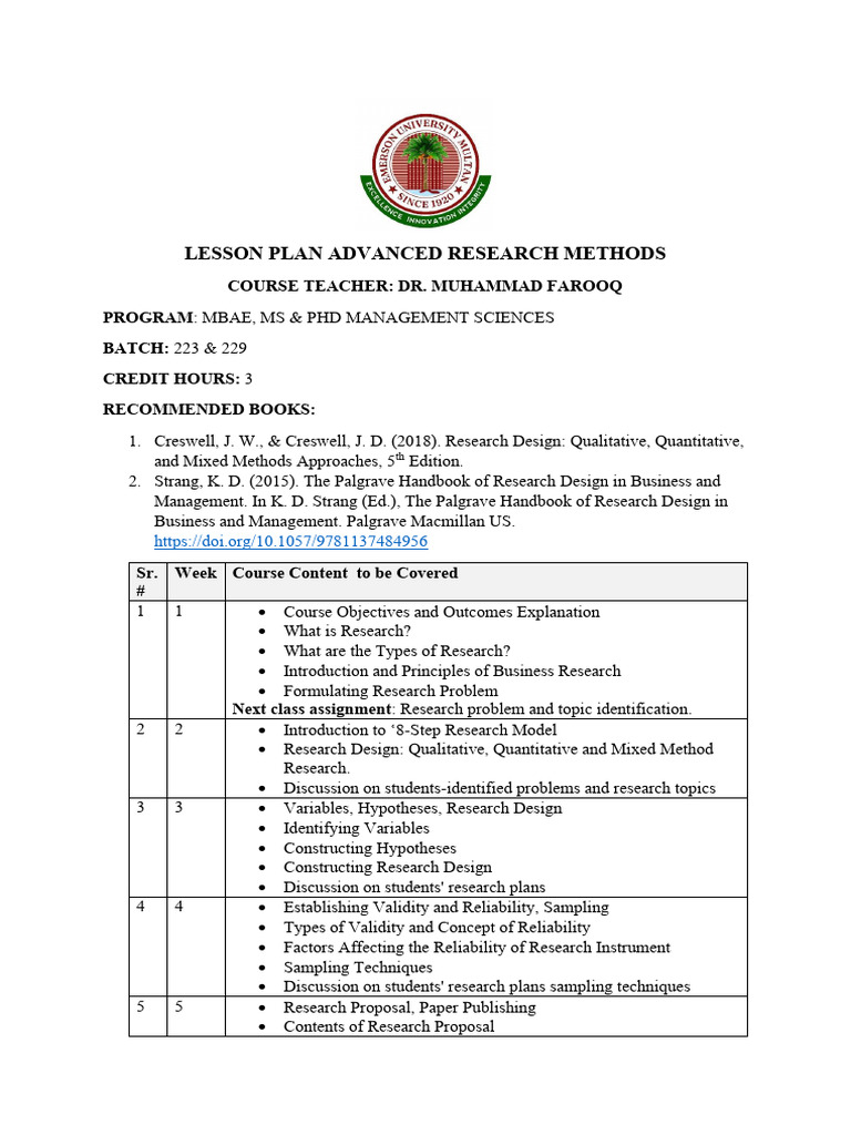 LESSON PLAN ADVANCE RESEARCH METHODS by Dr. MUHAMMAD FAROOQ 28-9-2025 ...
