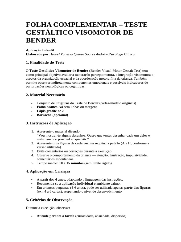 Protocolo do Teste Bender Infantil | PDF | Psicologia | Emoções