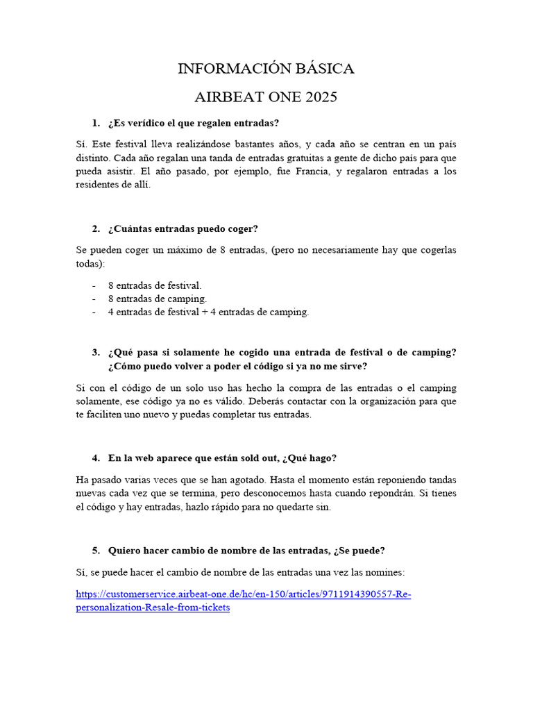 Horarios y Entradas Airbeat One 2025 | PDF