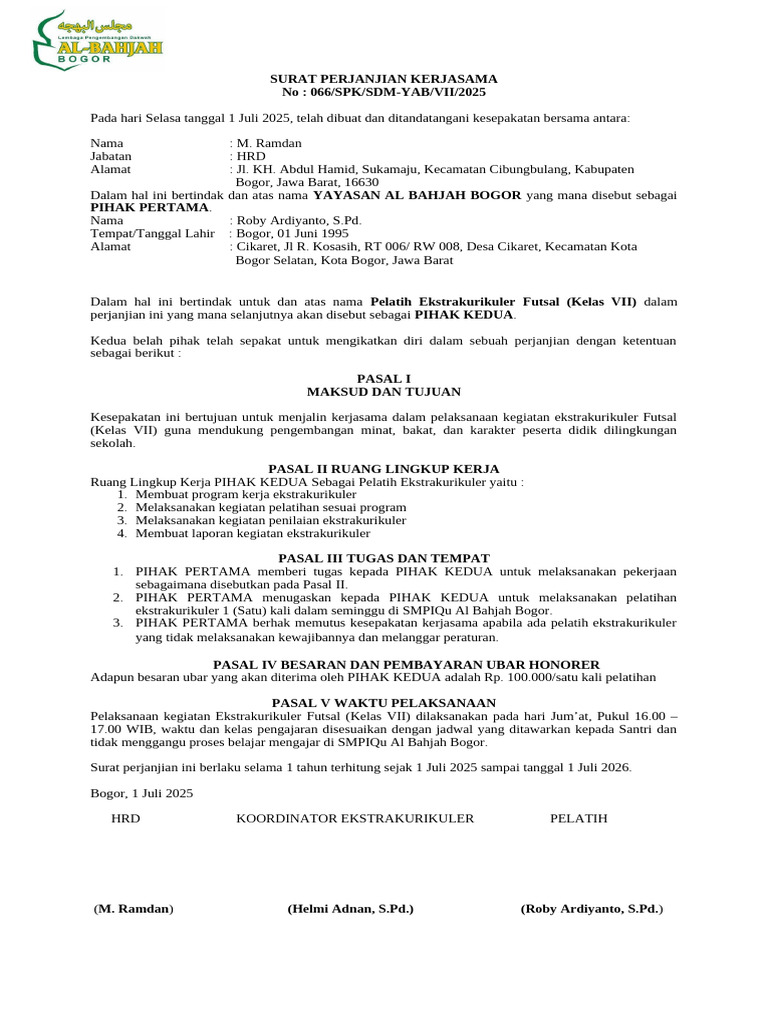 Surat Perjanjian Kerjasama Ekstrakurikuler Futsal Tim A (Roby Ardiyan ...