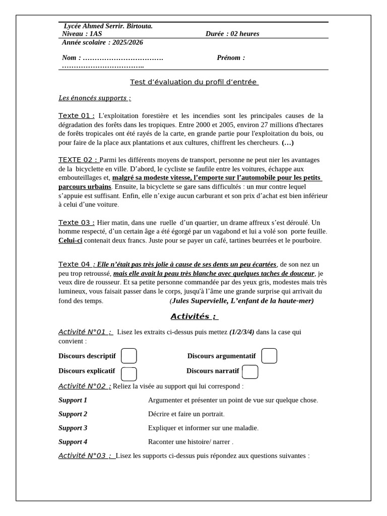 Test D'évaluation Du Profil D'entrée 1AS - Docx Version 1 | PDF ...