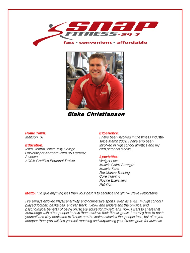 Snap Fitness Bios | PDF | Personal Trainer | Physical Fitness