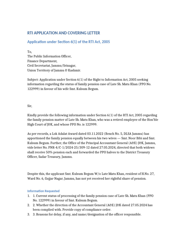 RTI and Covering Letter Kulsum Begum | PDF | Justice | Crime & Violence
