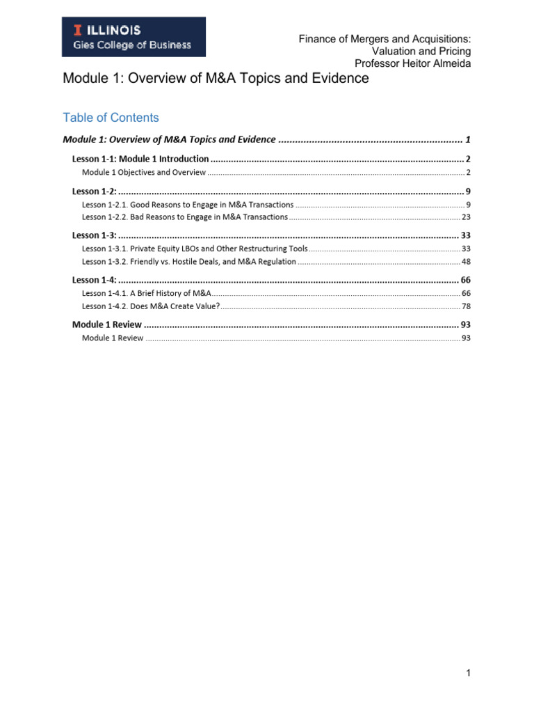 FIN 572 MOOC 1 Module 1 Word Transcript | PDF | Mergers And Acquisitions | Leveraged Buyout