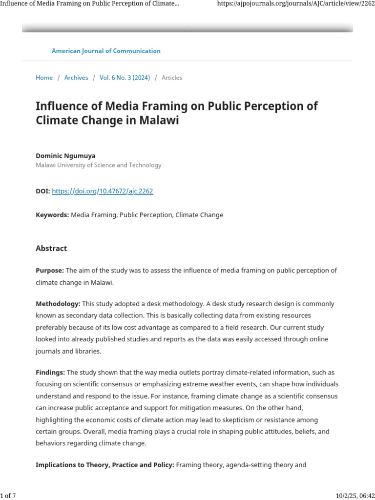 Influence of Media Framing On Public Perception of Climate Change in ...