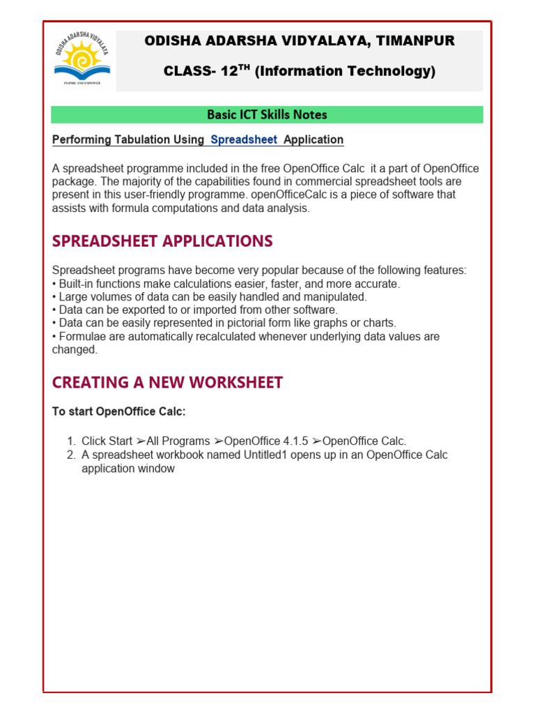 OpenOffice Calc Guide for Class 12 IT | PDF | Spreadsheet | Microsoft Excel